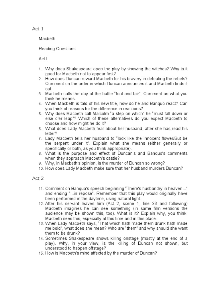 Macbeth Act I - III Questions | PDF | Macbeth