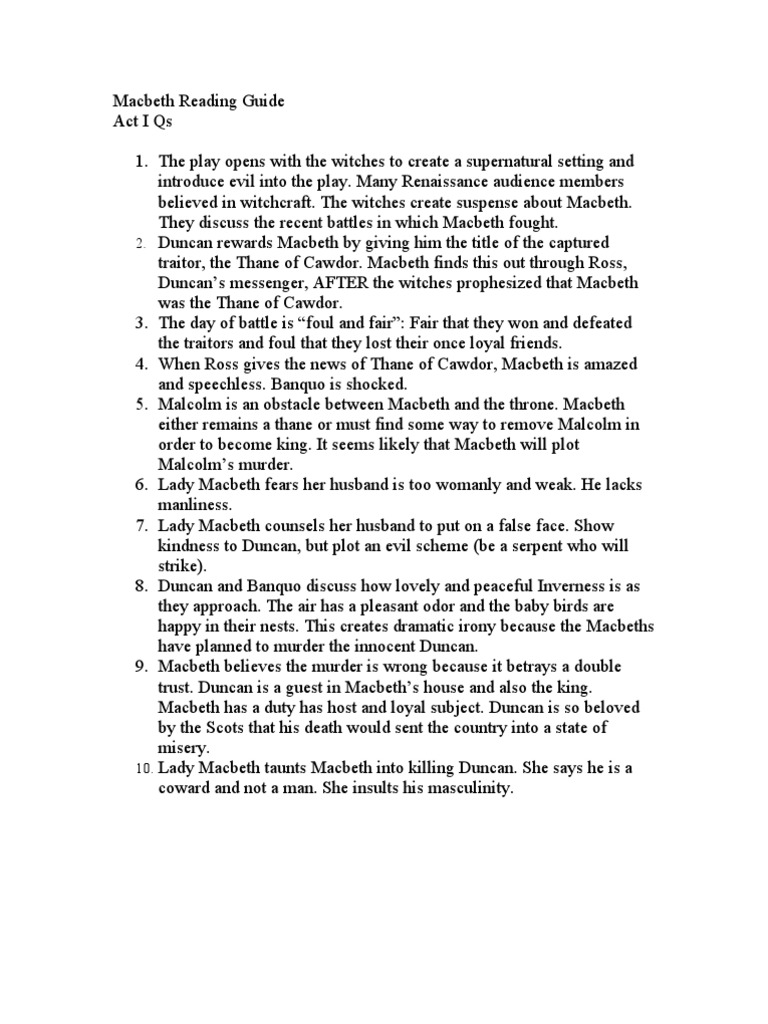 Macbeth Reading Guide Answers Act 1 and 2 | PDF | Macbeth | Shakespearean Tragedies