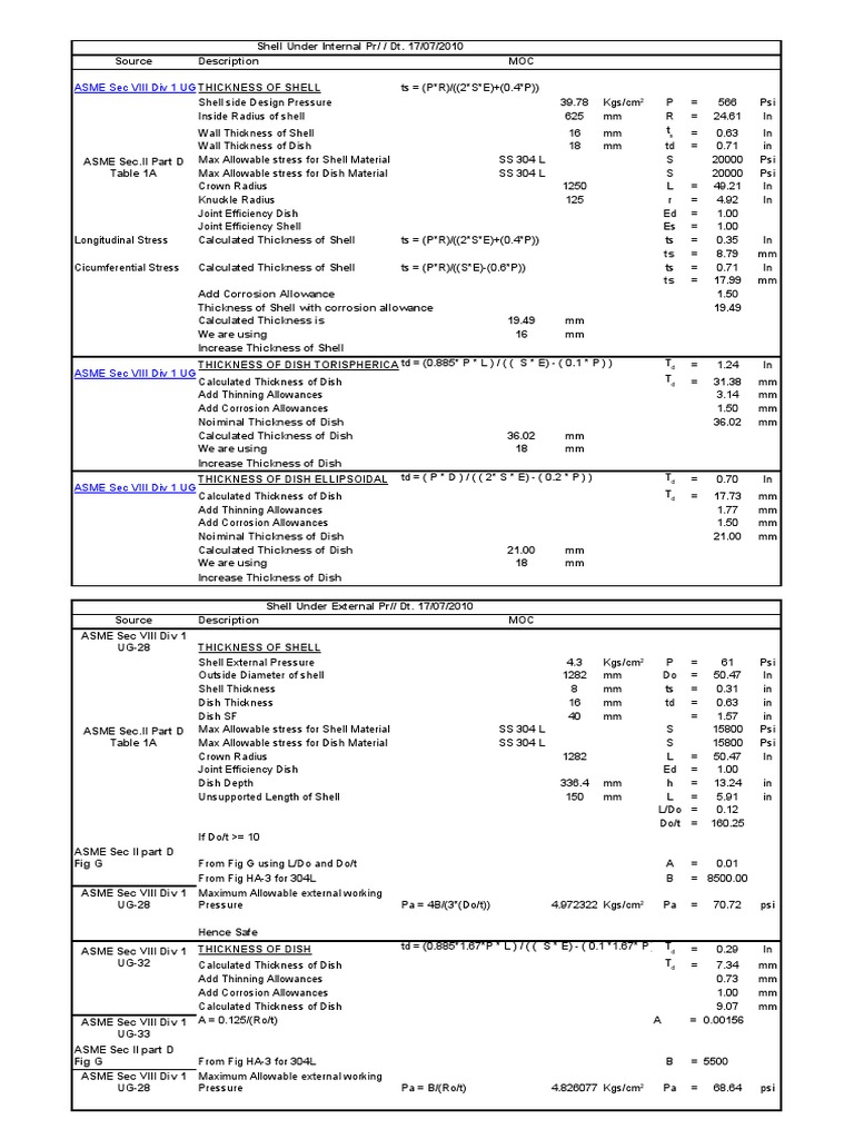Thickness Calculation of Pressure Vessel Shell | PDF | Materials | Chemical Engineering