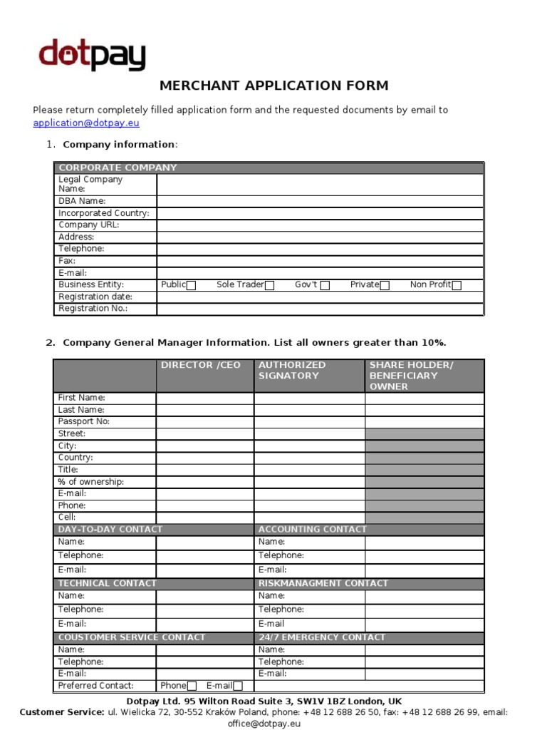 Dotpay Merchant Application Form | Financial Transaction | Fax
