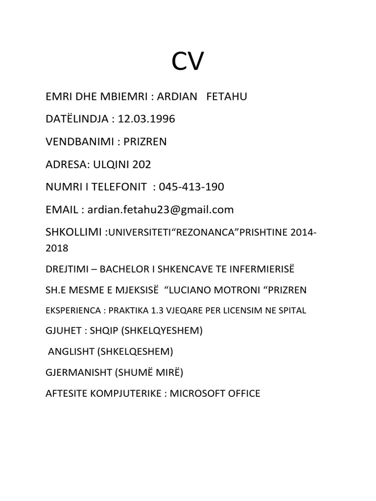 CV Ardian Fetahu Infermier PDF | PDF