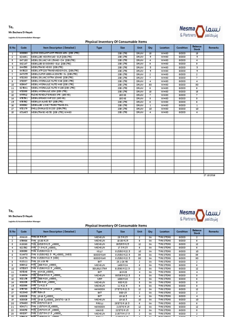 Physical Inventory Report of Consumable Items and Tyres | PDF | Wheel ...