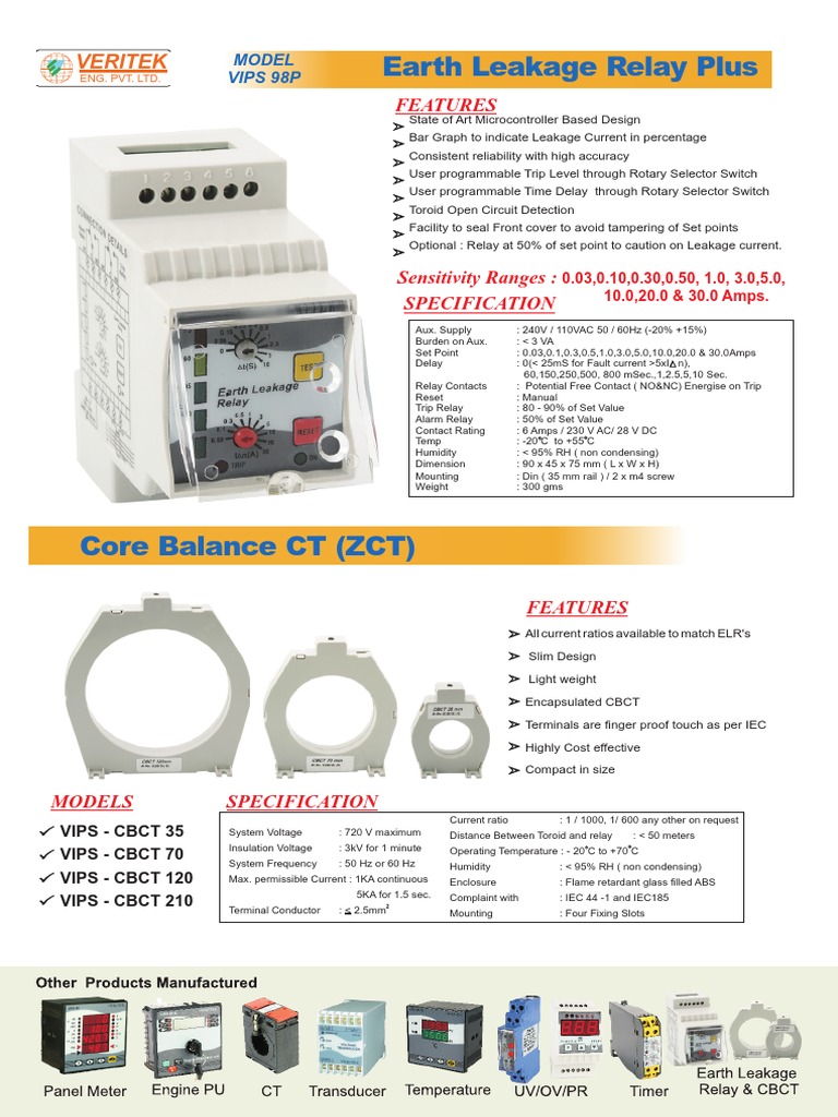 Earth Leakage Relay Din (VIPS 98P) PDF | PDF | Relay | Switch