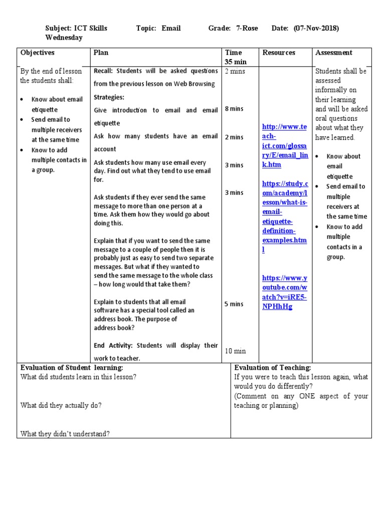 Lesson Plans Ict Class 6,7,8 07 Nov 2018 | PDF | Educational Technology ...