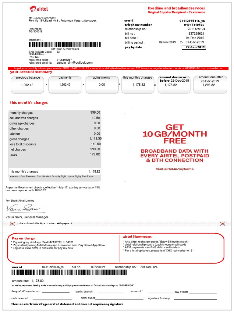 December Airtel Broadband Bill | PDF | Invoice | Cheque
