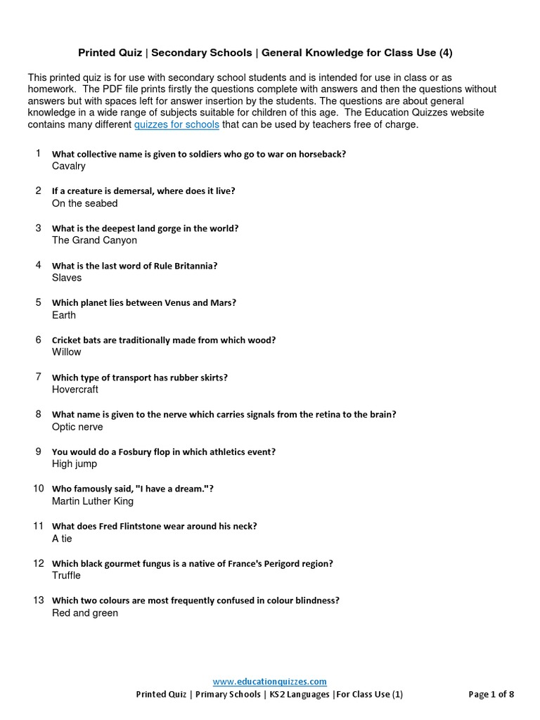 High School General Knowledge Quiz | PDF | Nature