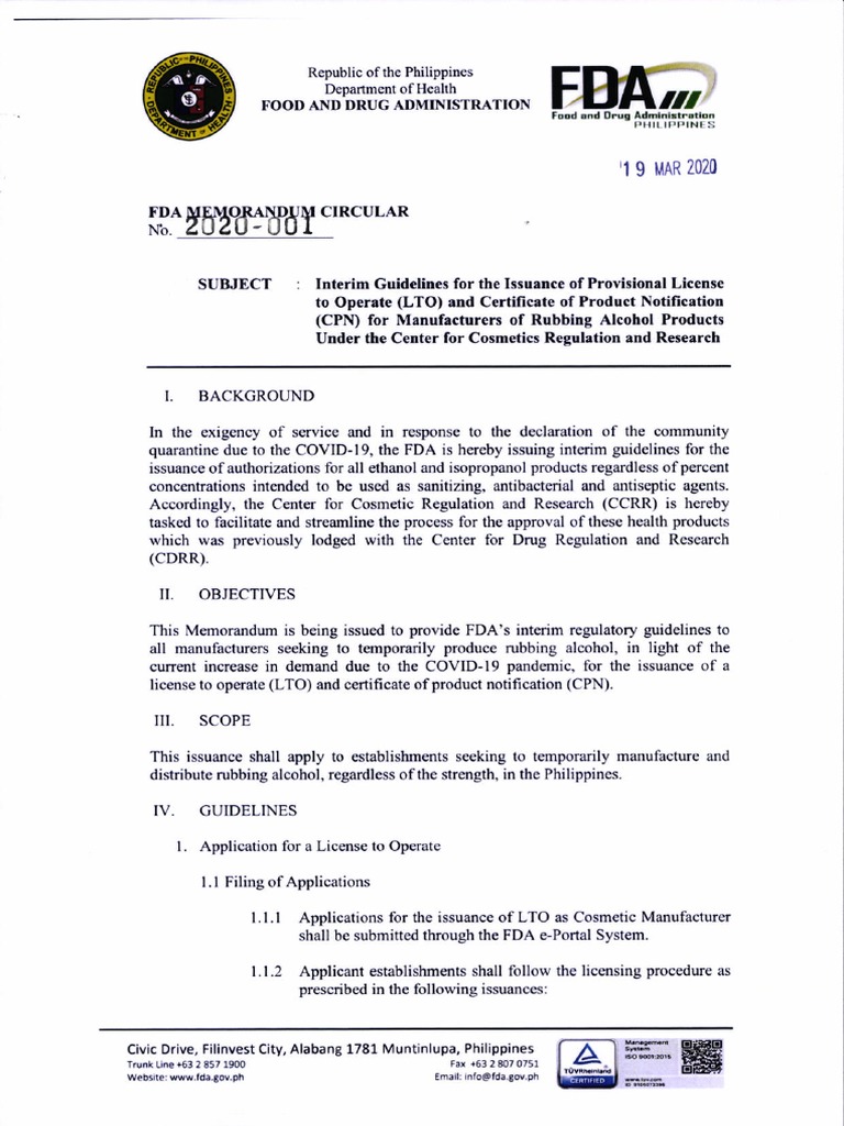 FDA-Memorandum-Circular-No.-2020-001 Issuance of LTO For Alcohol Manuf ...