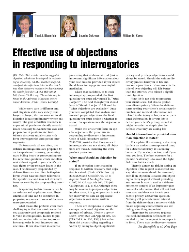 Objections in Discovery Responses | PDF | Interrogatories | Discovery (Law)