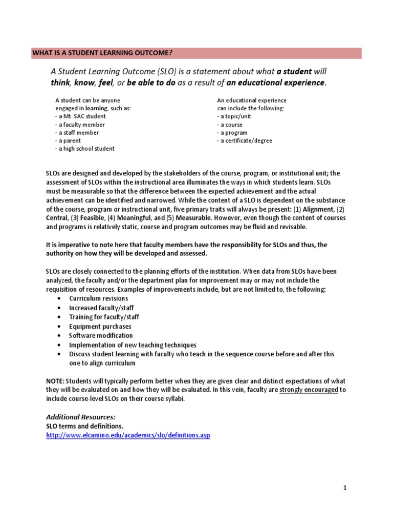 A Close Look of Student Learning Outcome (Slo) PDF | PDF | Rubric ...