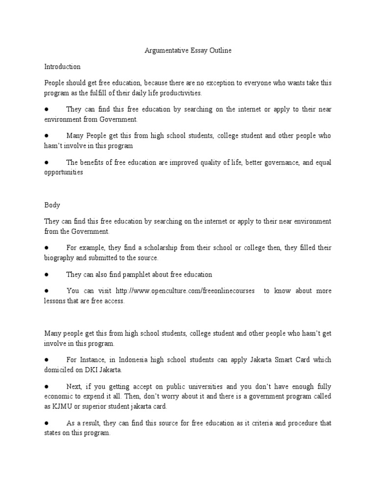 Argumentative Essay Outline | PDF | Further Education