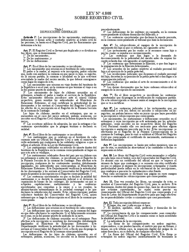 LEY Nº4.408 Sobre Registro Civil | PDF | Matrimonio civil | Matrimonio