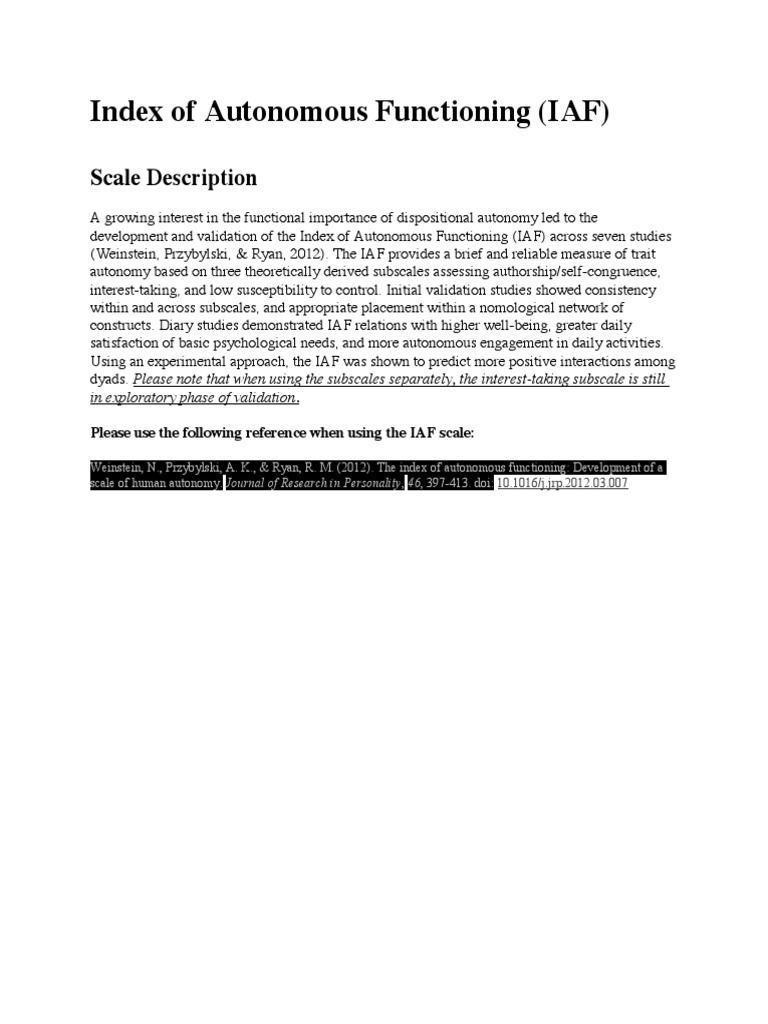 Index of Autonomous Functioning PDF | PDF | Autonomy | Social Psychology