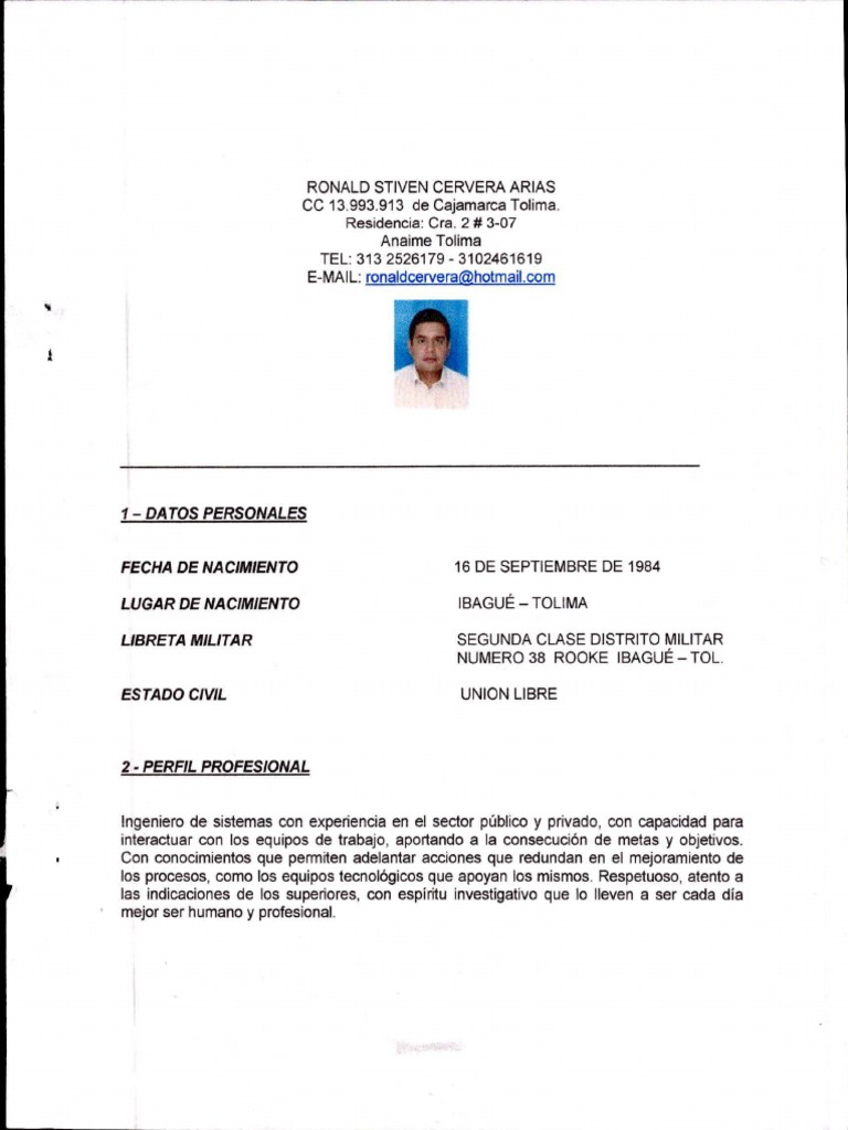 Hoja de Vida Ronald Stiven Cervera Arias Ing Sistemas PDF | Descargar ...