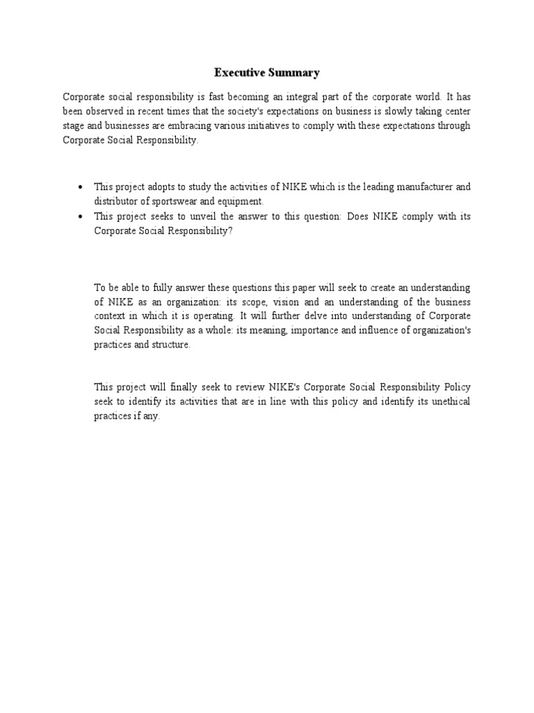 Executive Summary | PDF | Nike | Corporate Social Responsibility