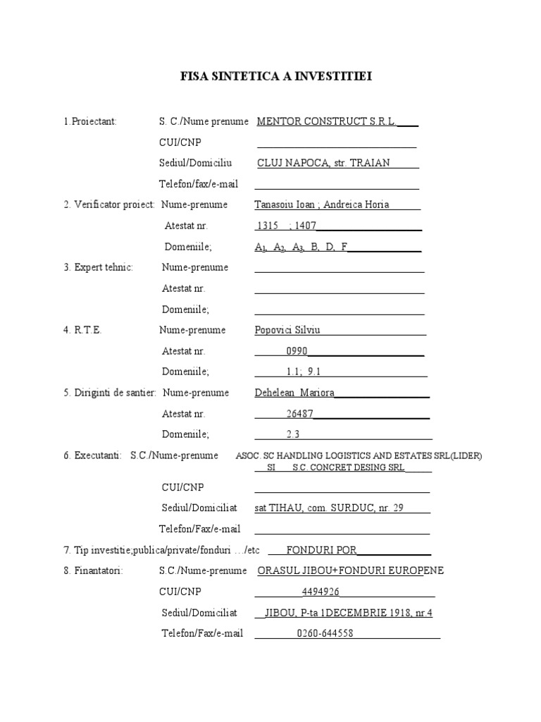 Fisa Sintetica A Investitiei | PDF