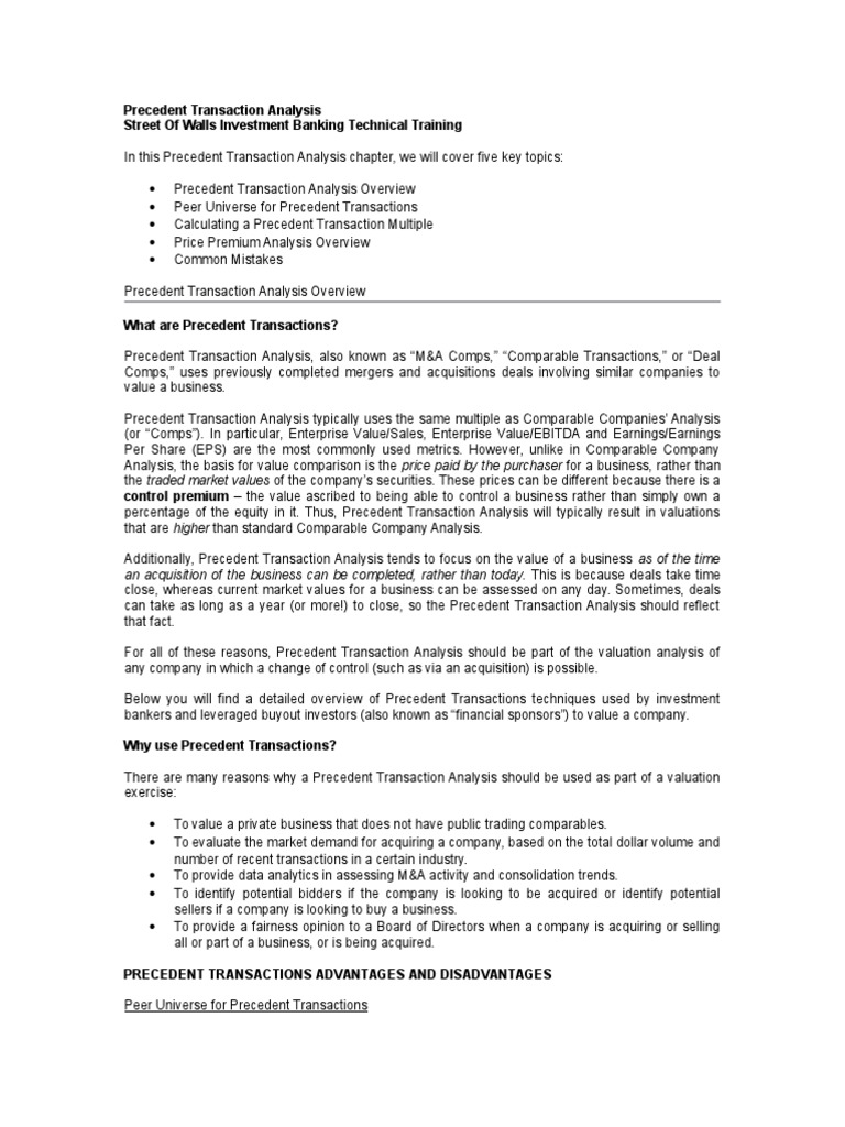 Precedent Transaction Analysis Overview | PDF | Mergers And ...