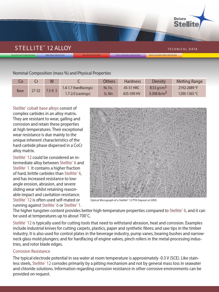 Stellite 12 Technical Data | PDF | Corrosion | Chemical Product Engineering