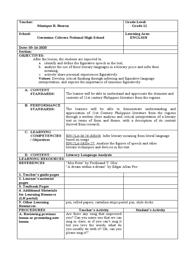 Literary Language Analysis | PDF | Dream | Teachers