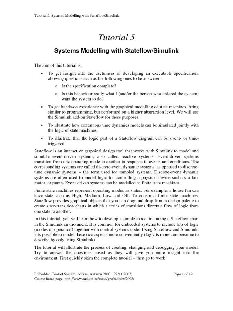 Tutorial 5 Systems Modelling With Stateflow Simulink Pdf