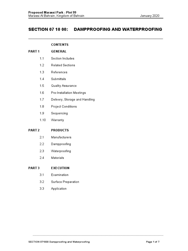 07 10 00 Dampproofing and Waterproofing | PDF | Asphalt | Concrete