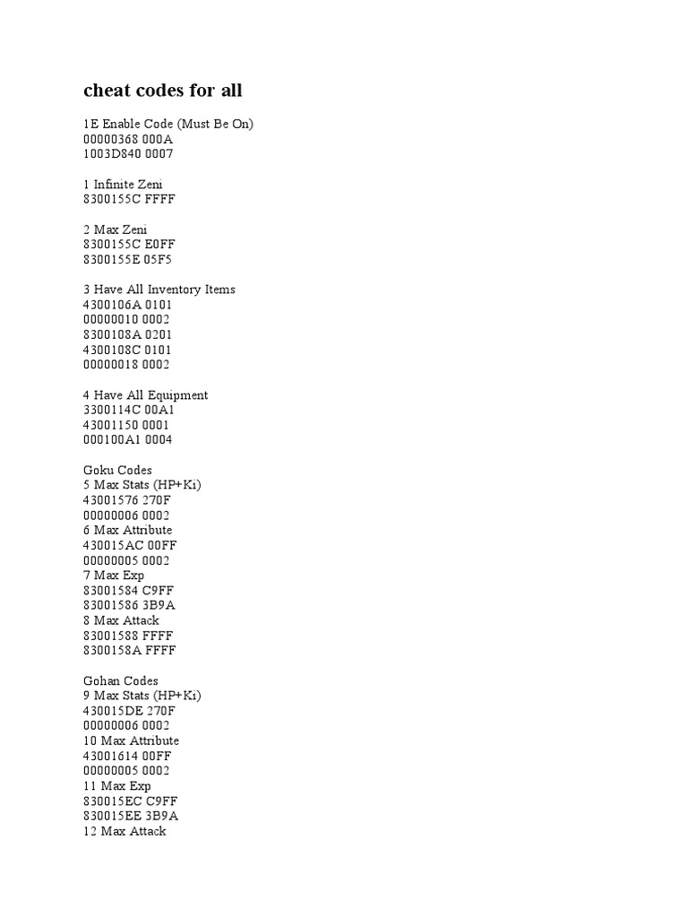 Cheat Codes Dragonballl | PDF | Dragon Ball | Leisure