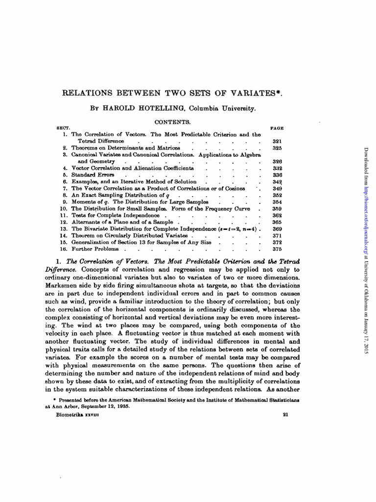 Hotelling 1936 | PDF | Correlation And Dependence | Determinant