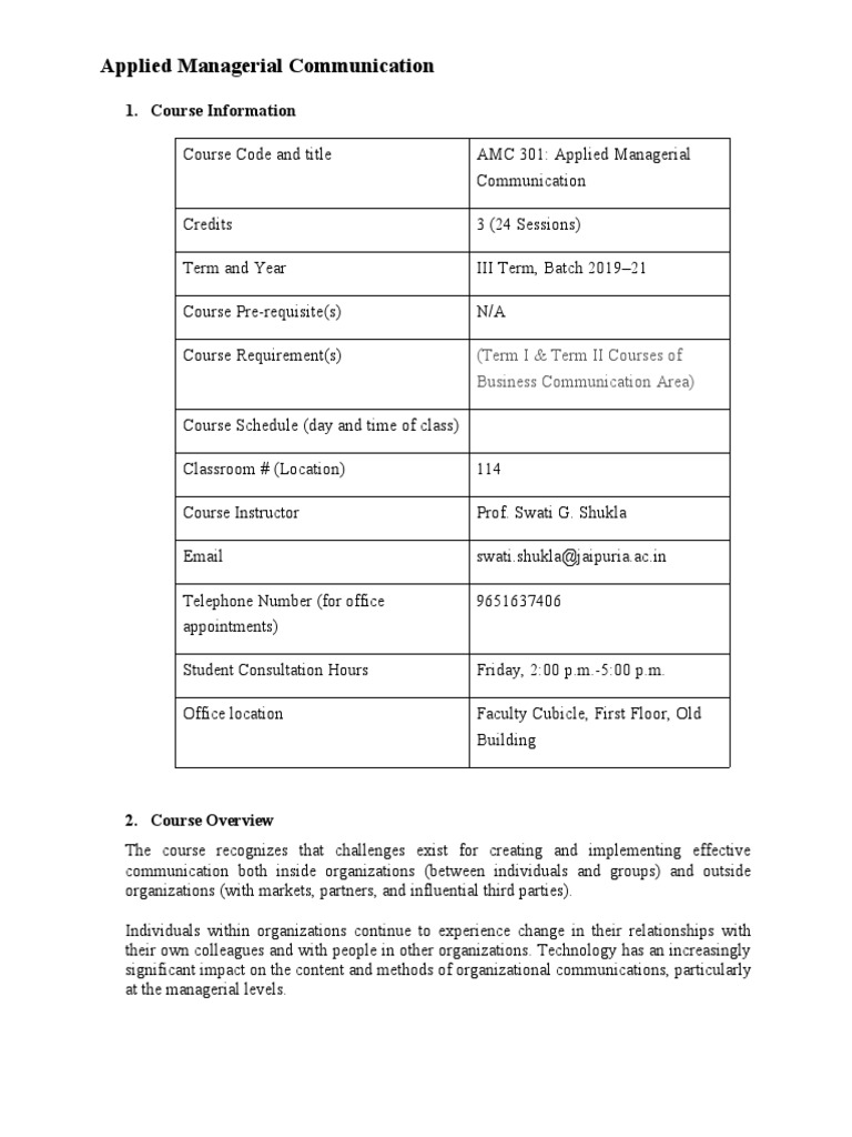 Applied Managerial Communication (AMC 301) Course Outline | PDF ...