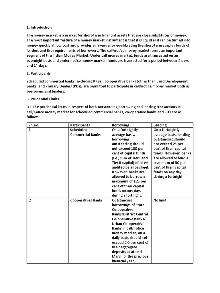 Call Notice Money | PDF | Money Market | Reserve Bank Of India