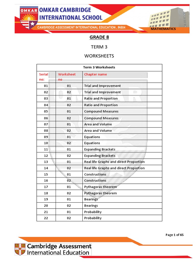 Grade - 8 - Maths - Worksheet - Term 3 PDF | PDF | Area | Equations