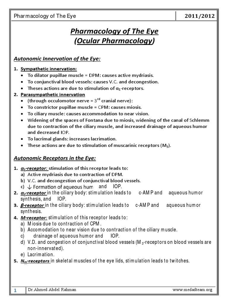 Pharmacology of The Eye | PDF | Glaucoma | Norepinephrine