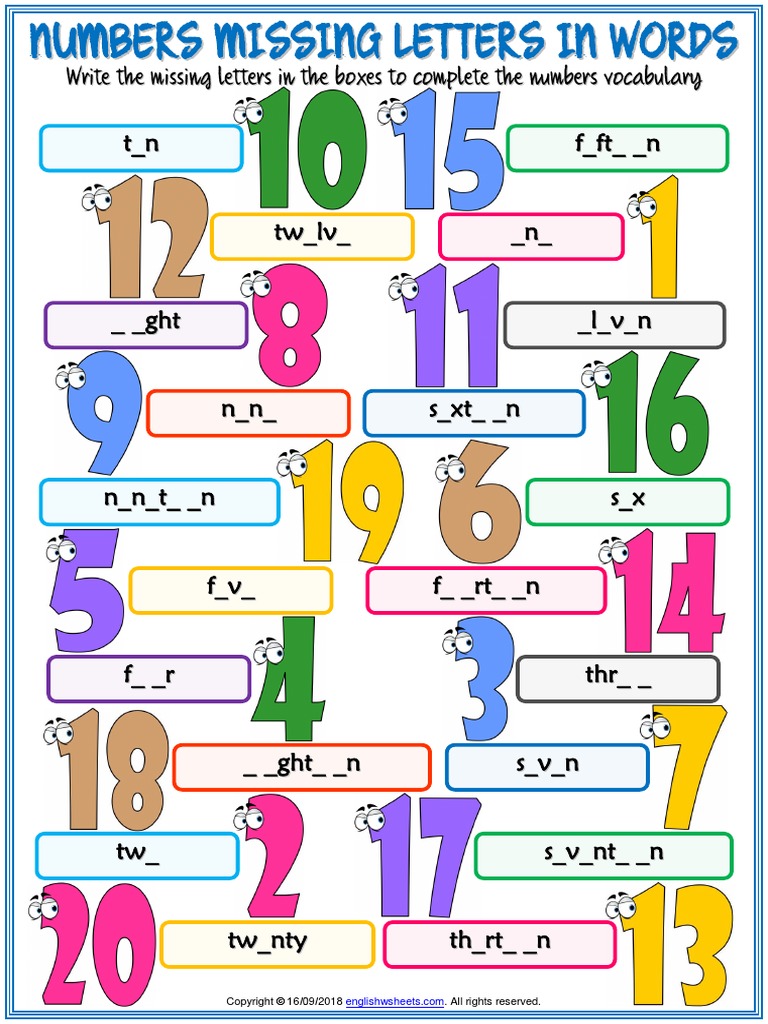 Numbers Vocabulary Esl Missing Letters in Words Worksheet For Kids | PDF
