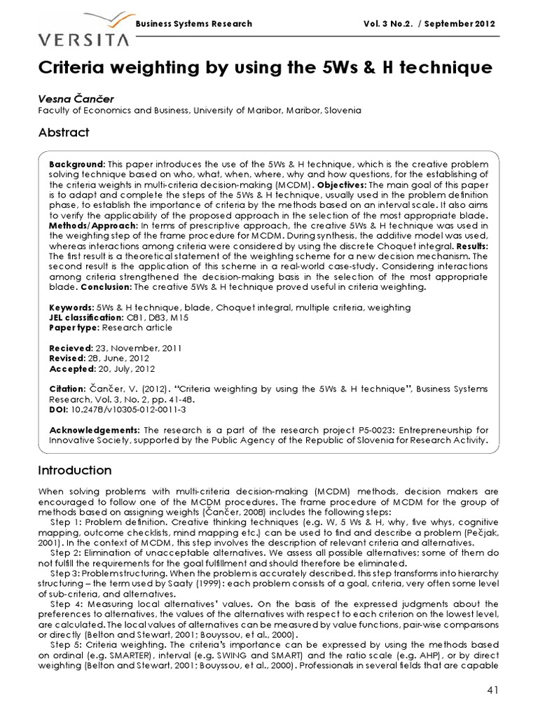 Criteria Weighting by Using The 5ws H Technique | PDF | Sensitivity ...