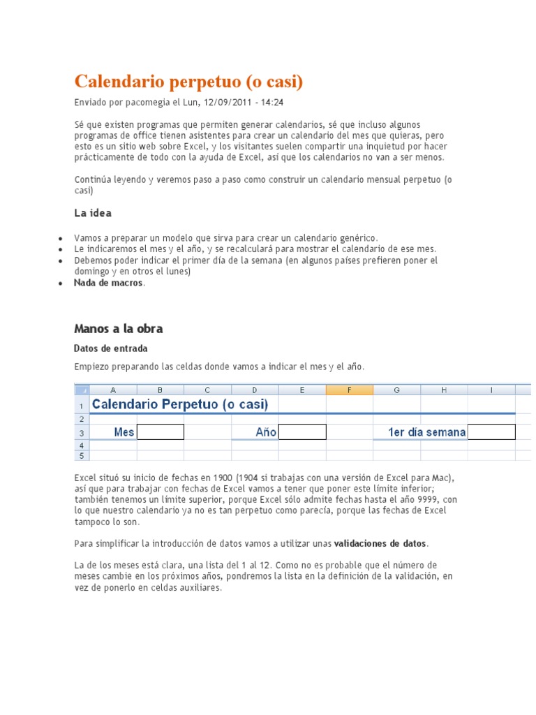 Calendario Perpetuo | Descargar gratis PDF | Calendario | Microsoft Excel