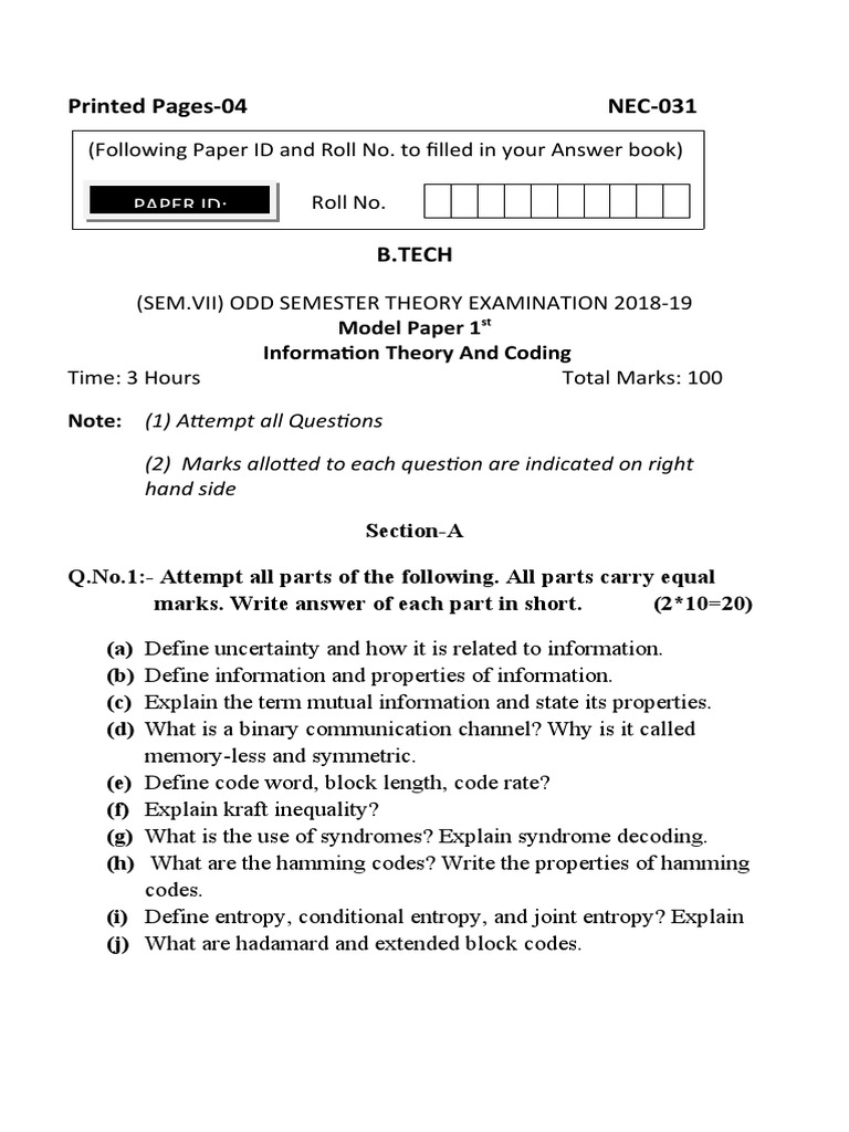 ECE ITC Model Paper 1 | PDF | Code | Applied Mathematics