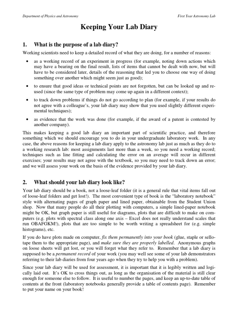 Keeping Your Lab Diary: 1. What Is The Purpose of A Lab Diary? | PDF ...