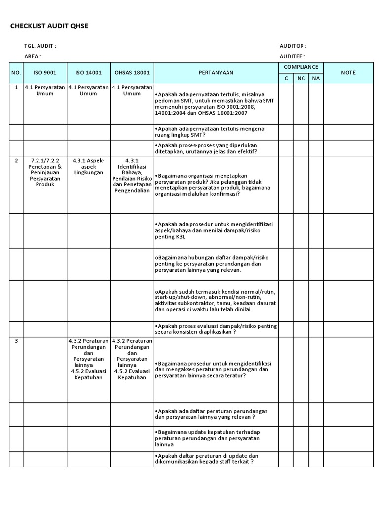 Checklist Internal Audit QHSE | PDF
