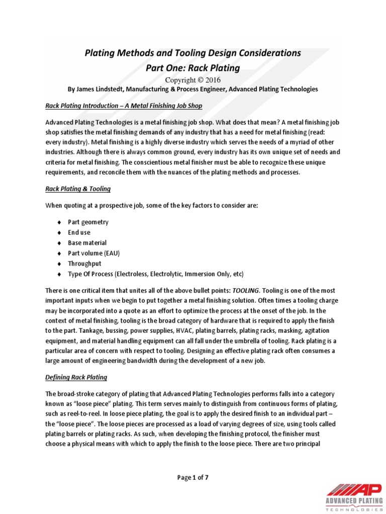 Plating Methods and Tooling Design Rack Plating PDF | PDF | Cathode ...