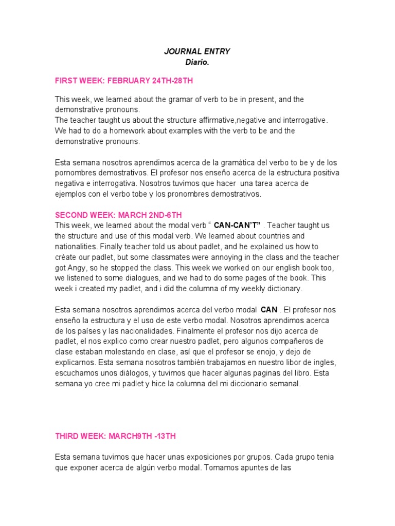 Journal Entry Diario Español Ingles 3 Semana | PDF | Lingüística | Idiomas