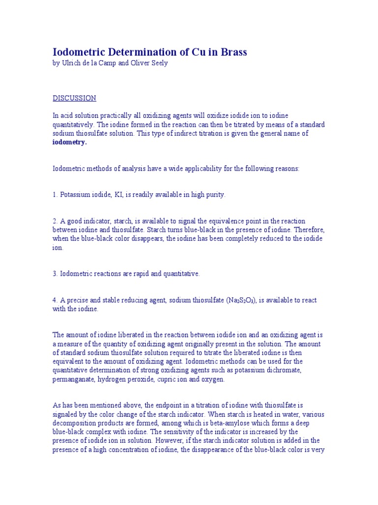 Iodometric Determination of Cu in Brass | PDF | Chemical Elements ...