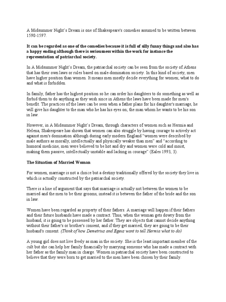 Shakespeare's A Midsummer Night’s Dream Explores Patriarchal Society ...