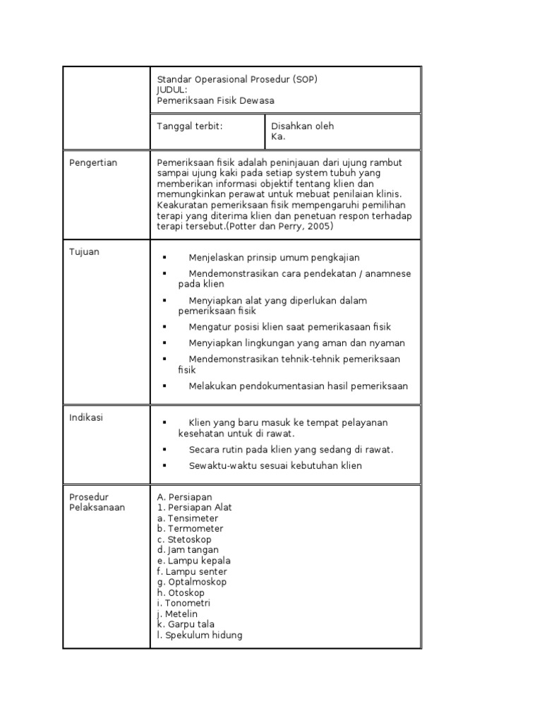 Standar Operasional Prosedur Pemeriksaan Fisik Pada Anak | PDF