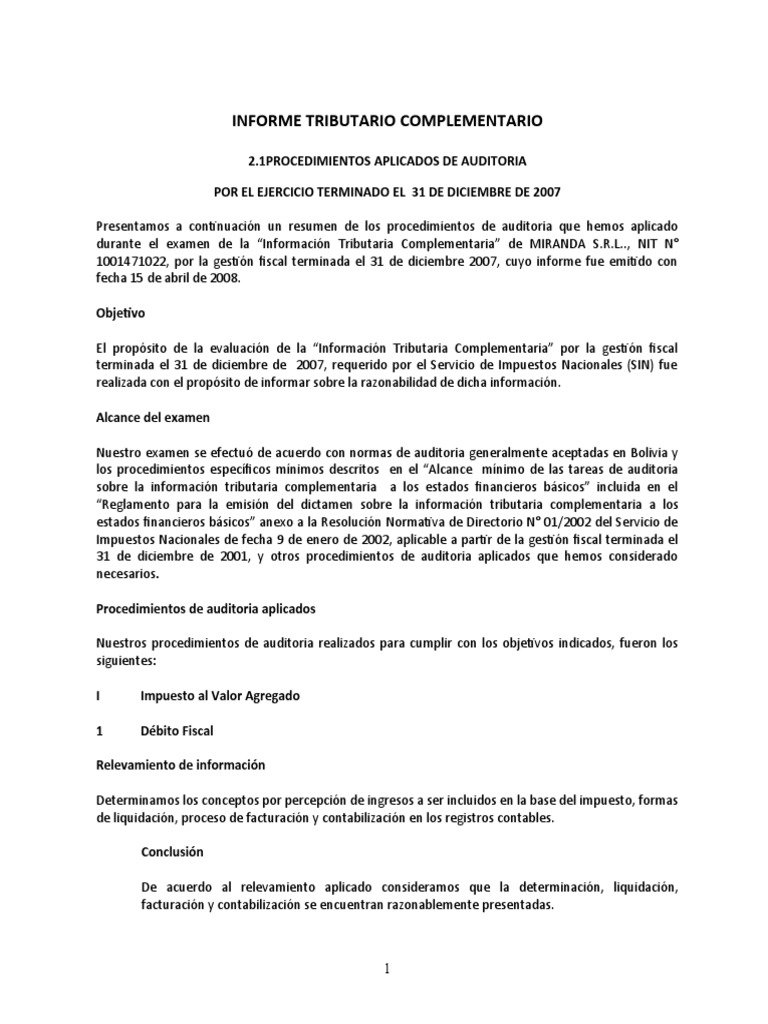 Modelo de Informe Tributario Complementario | PDF | Auditoría | Impuestos