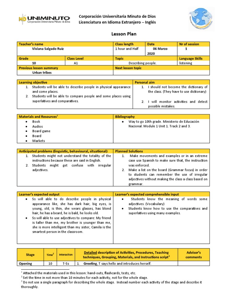 Lesson Plan: Describing People A1 | PDF | Question | Lesson Plan