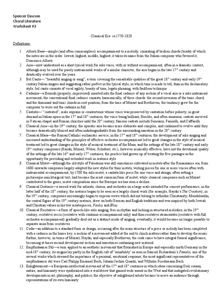 Classical Era (Worksheet #3) | PDF | Classical Period (Music) | Composers
