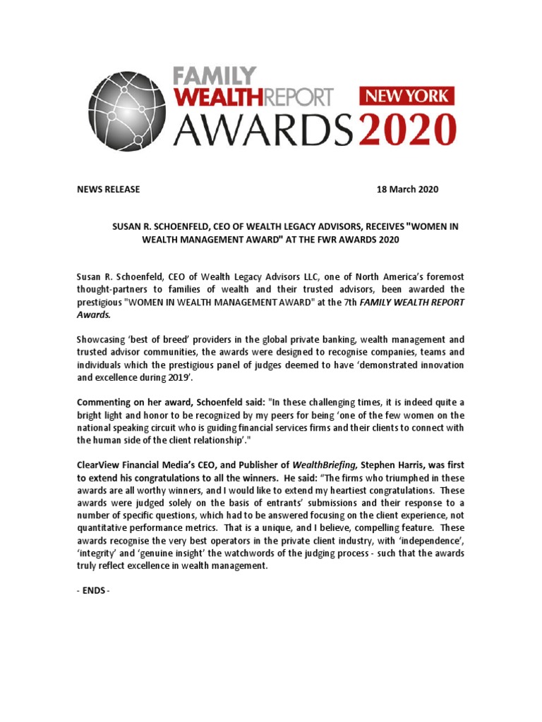 Susan Schoenfeld Wins "Women in Wealth Management Award" | PDF | Wealth ...