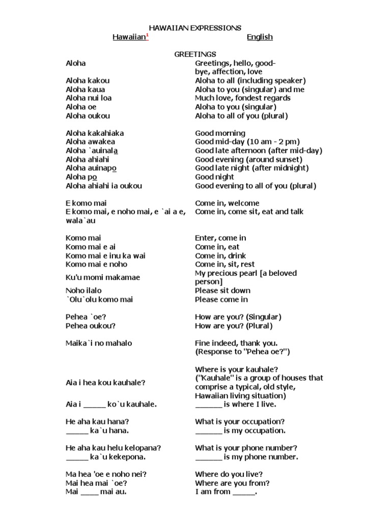Hawaiian Expressions | PDF | Hawaii | Linguistic Typology