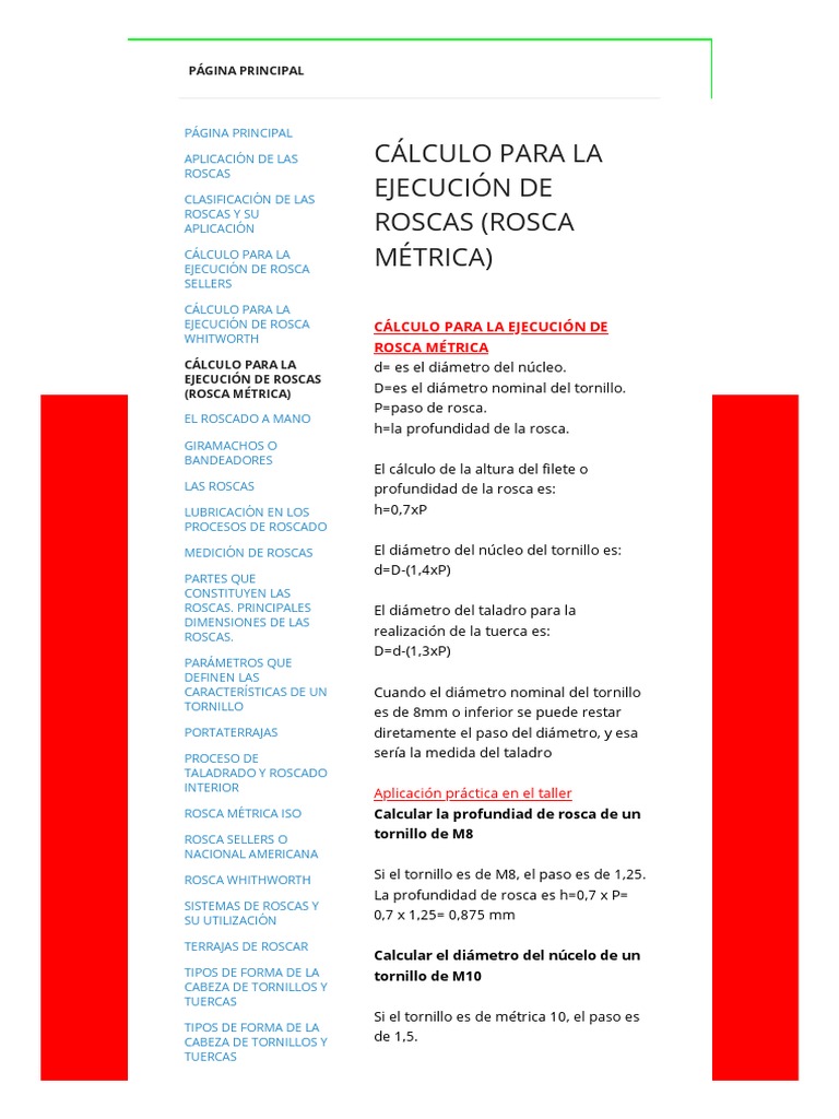 CÁLCULO PARA LA EJECUCIÓN DE ROSCAS (ROSCA MÉTRICA) - Roscasdanielalex ...