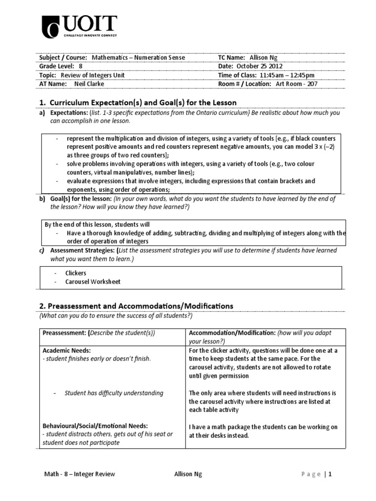 Integer Review Grade 8 Lesson Plan | PDF | Multiplication | Lesson