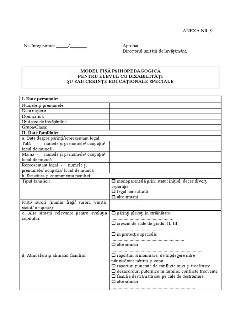 Model-Anexa - 9 - Fisa Psihopedagogica Lege Fara Antet | PDF
