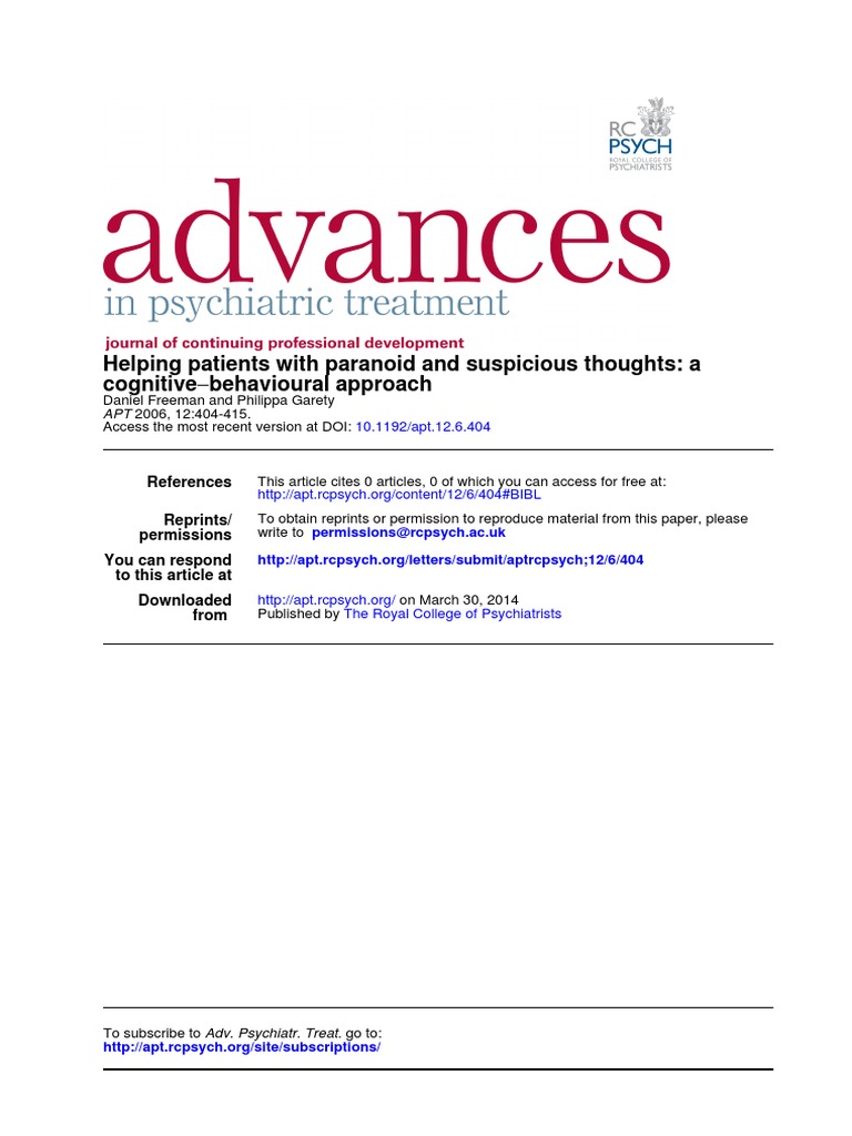 Helping Patients With Paranoid and Suspicious Thoughts: A Cognitive ...